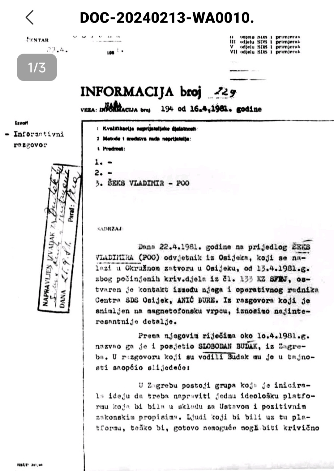 OBJAVLJUJEMO DOKUMENAT KOJIM SE DOKAZUJE DA JE UDBA JOŠ OD 1981. GODINE ...